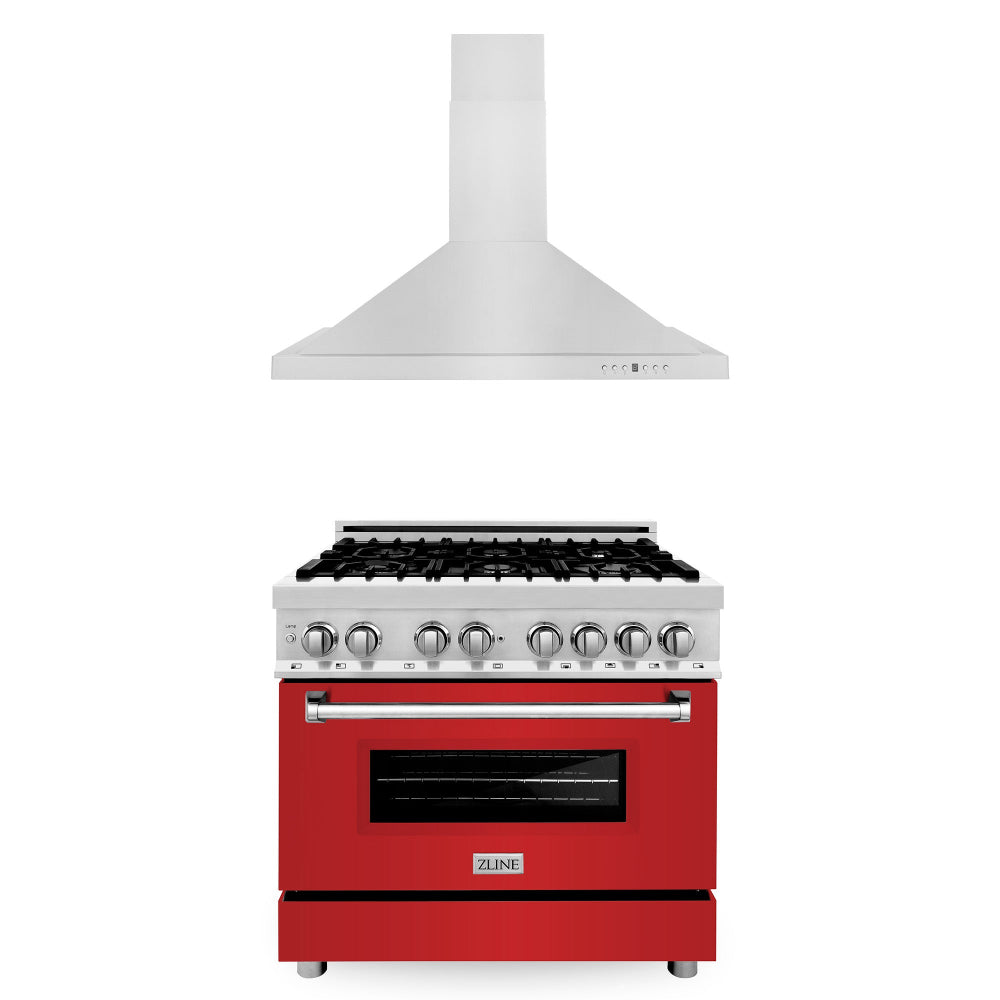 ZLINE 36" Satin Stainless Dual Fuel Range with Red Matte Door and Range ...