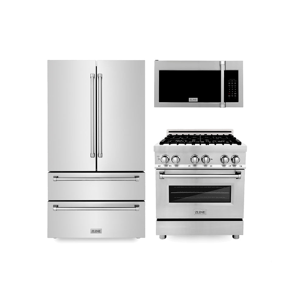 ZLINE 36" Refrigerator, 30" Dual Fuel Range, OTR Microwave Bundle ...