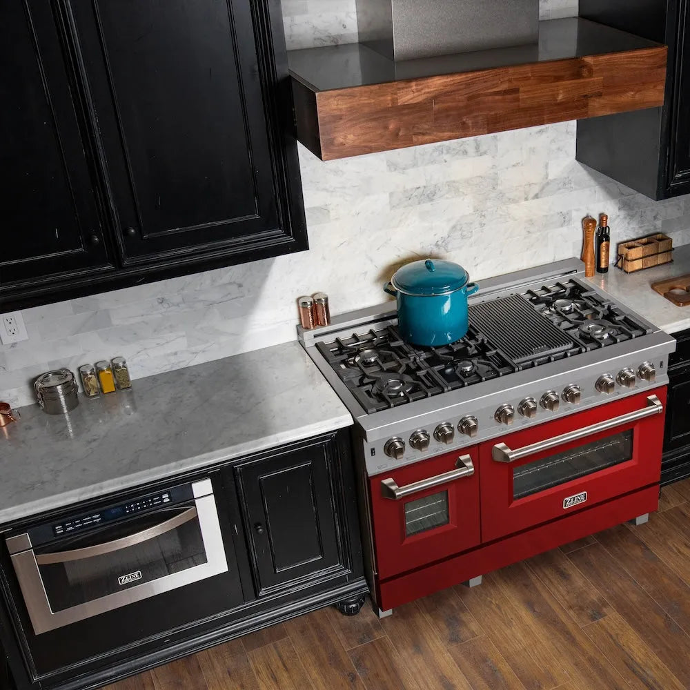Legacy 48" Dual Fuel Range in Satin Stainless with Red Gloss Doors (RAS ...